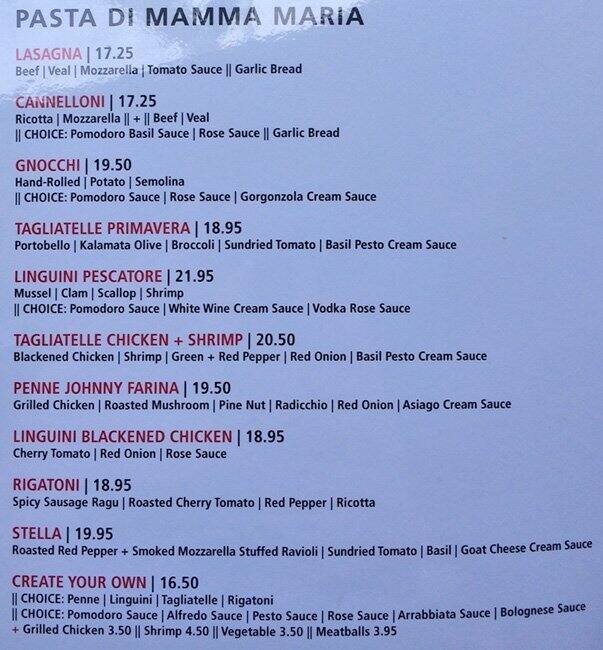 Menu at Johnny Farina pizzeria, Ottawa