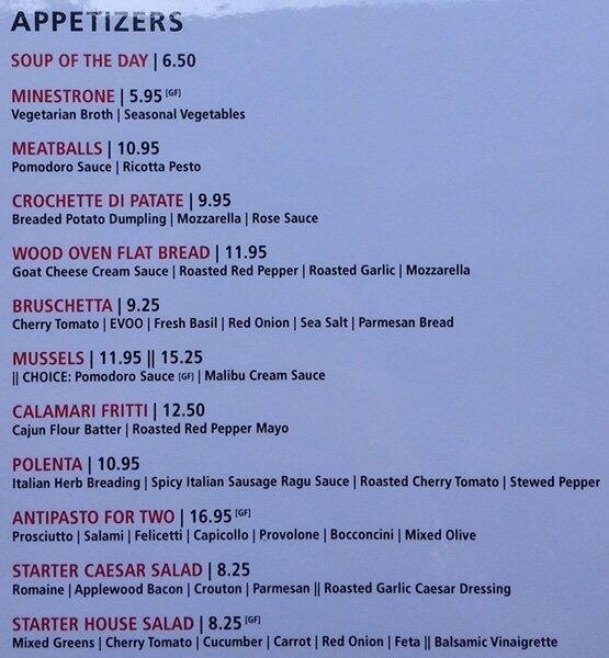 Menu at Johnny Farina pizzeria, Ottawa