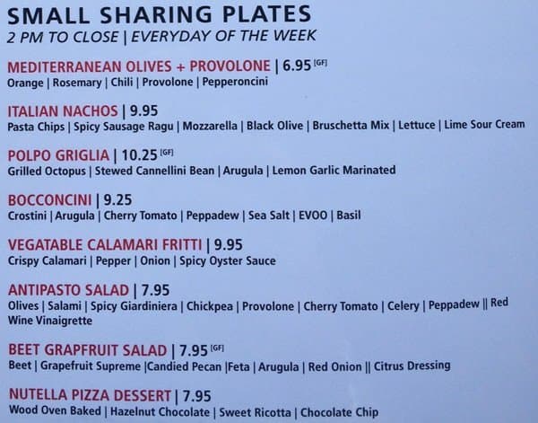 Menu at Johnny Farina pizzeria, Ottawa