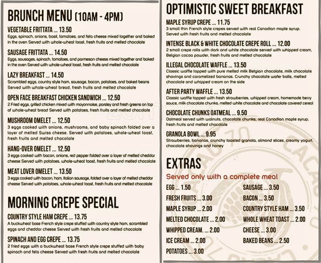 Menu at Cacao 70 cafe, Ottawa, 225 Marché Way #109