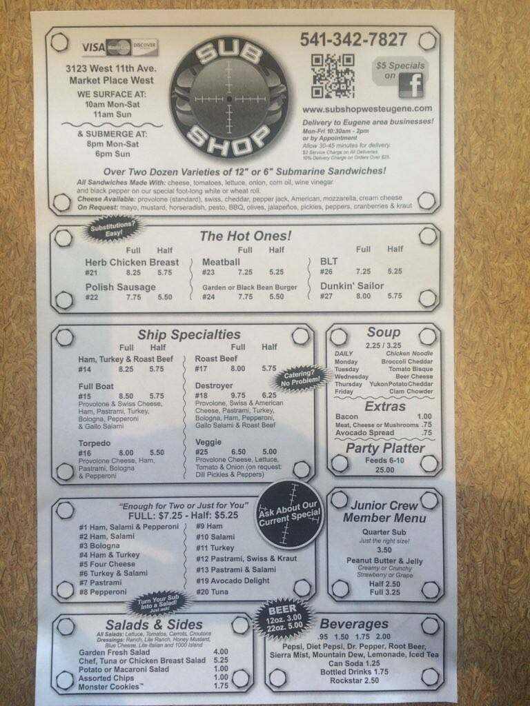 Sub Shop 31 Menu, Menu for Sub Shop 31, Eugene, Eugene - Urbanspoon/Zomato