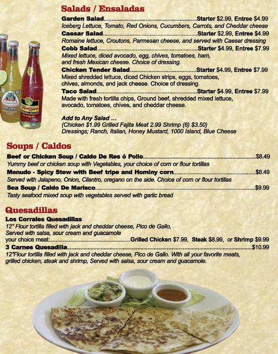 Menu at Los Corrales Mexican Cuisine restaurant, Garland