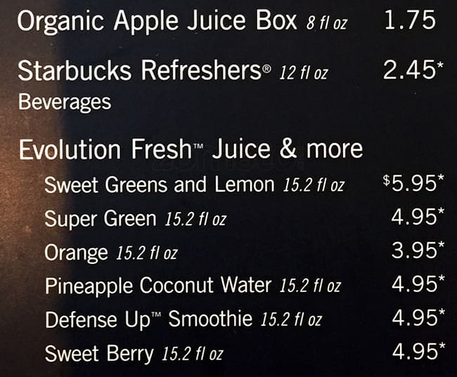 Menu at Starbucks cafe, Seattle, 515 Pine St