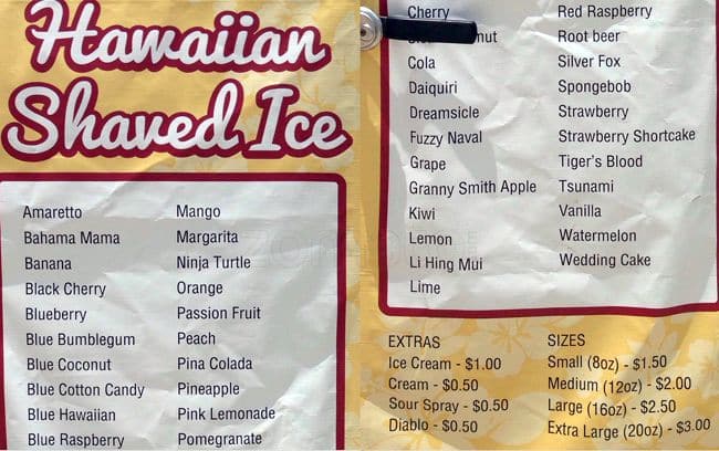 Menu at Hawaiian Shaved Ice, San Marcos