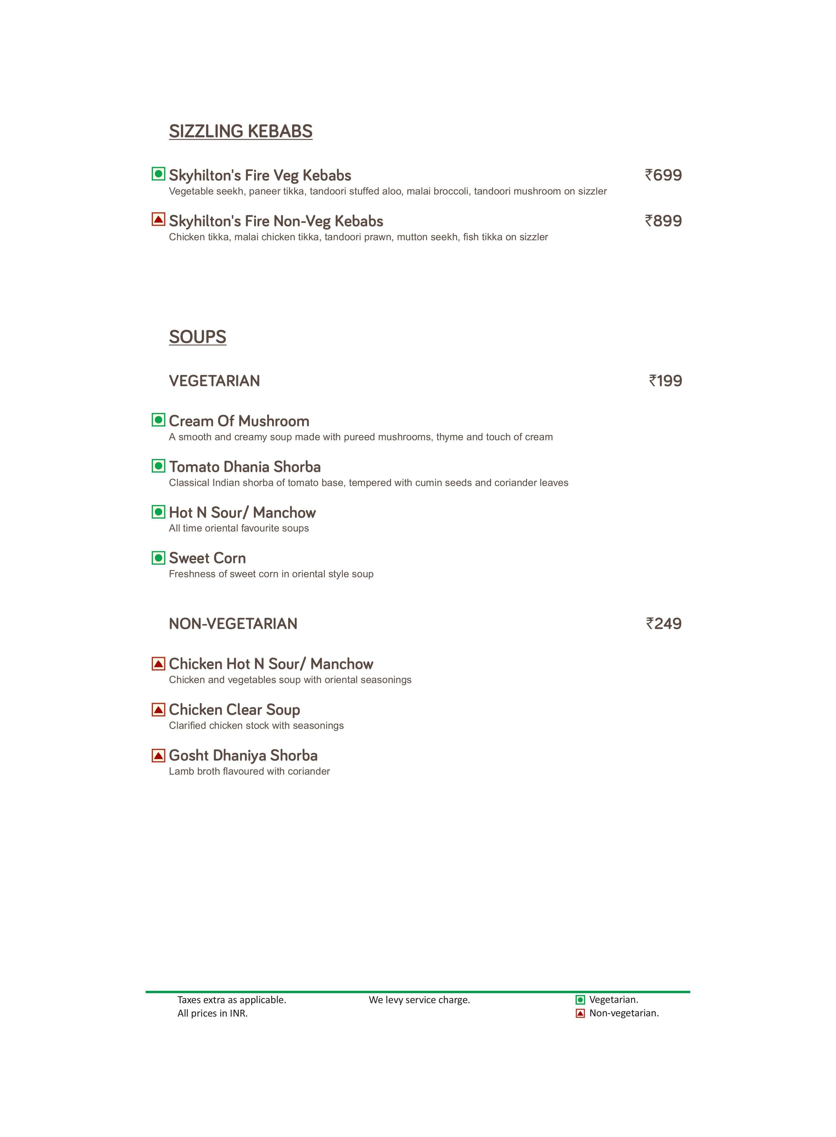 Menu of Skyhilton, Alambagh, Lucknow