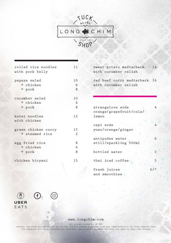 Carta de Long Chim Tuck Shop, Perth