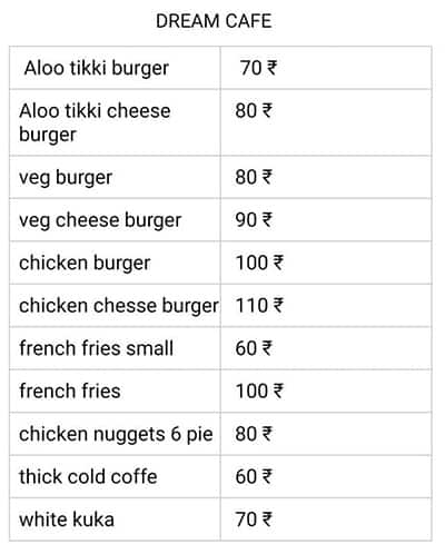Menu of Dream Cafe, Bavdhan, Pune