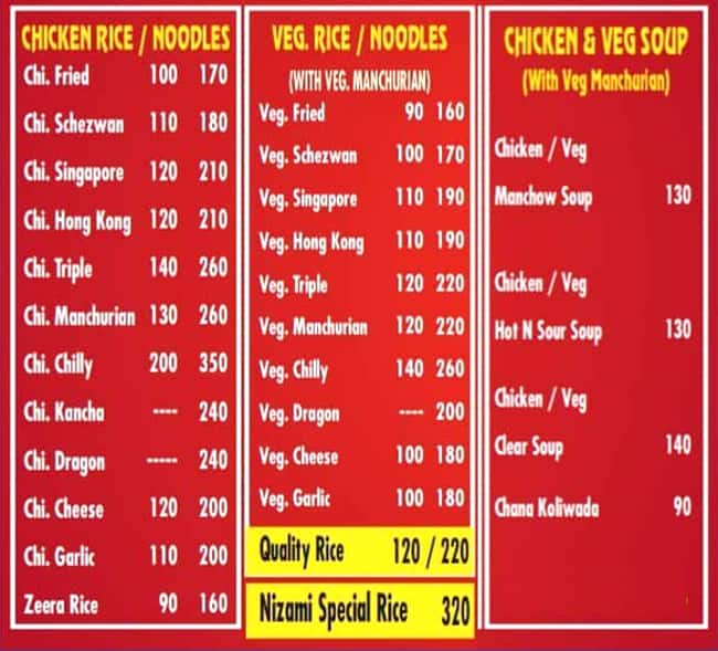 Menu of Nizami Darbar Chinese Restaurant, Kalyan, Thane