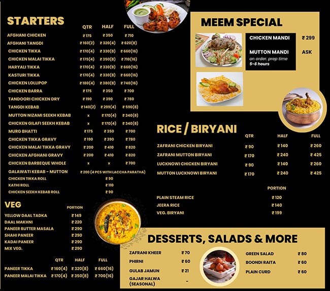 Menu of Meem Restaurant, Zakir Nagar, New Delhi