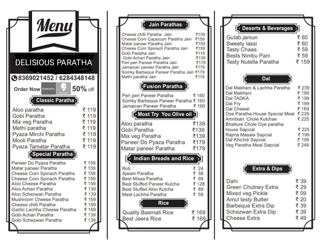 Menu of Delicious Paratha, Kandivali East, Mumbai
