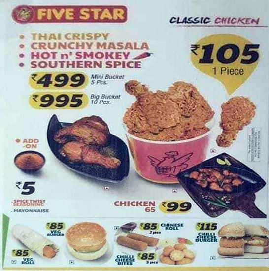 Menu of Five Star Chicken, Majestic, Bangalore