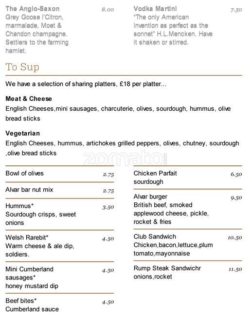 Menu at Alvar Bar, Birmingham, 85 Albert St