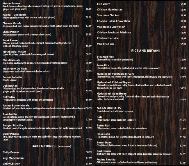 Menu at Chawla's restaurant, Brampton
