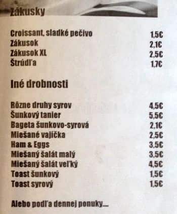 Speisekarte von Siesta Cafe, Bratislava