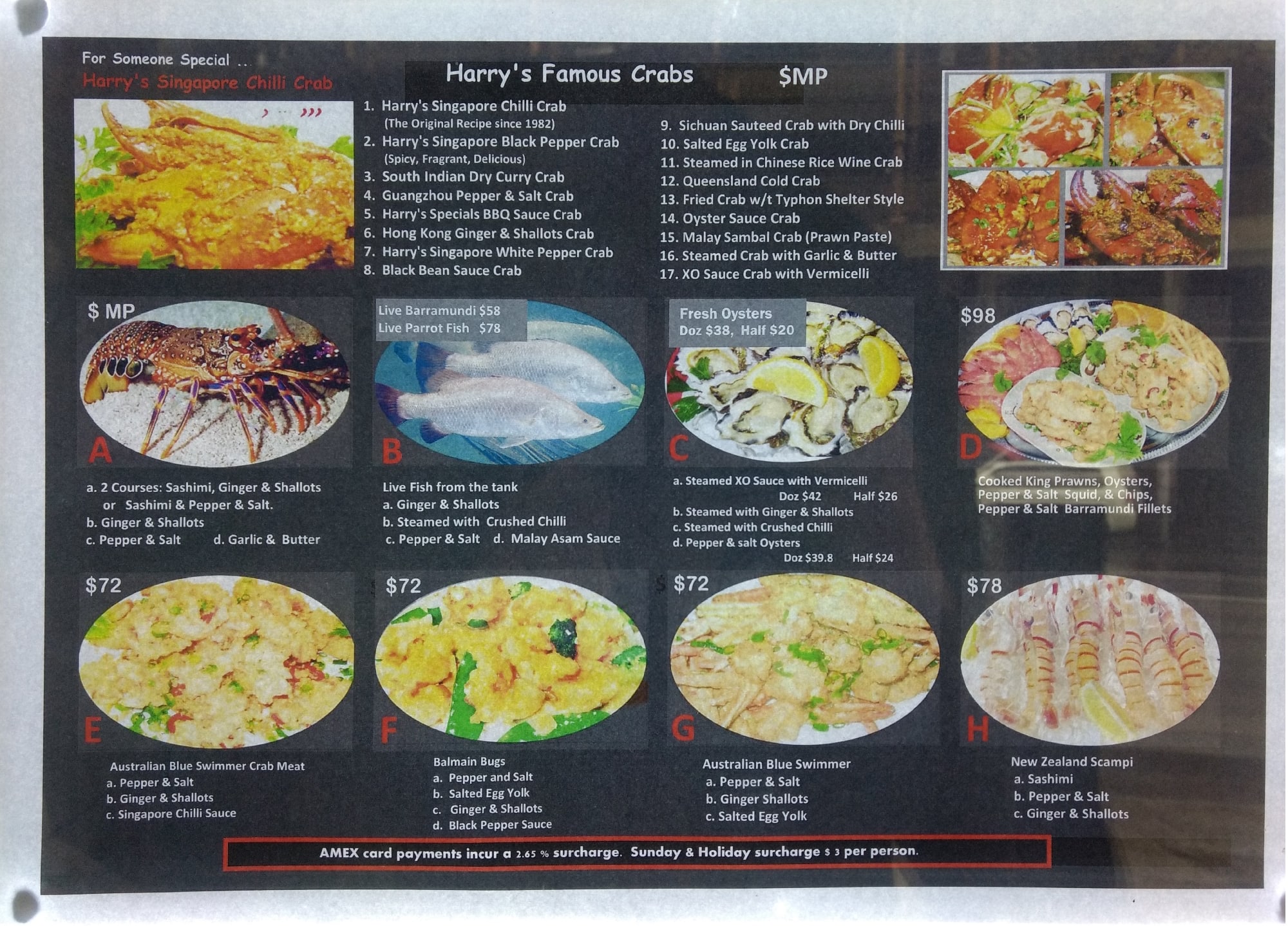 Menu at Harry's Singapore Chilli Crab pub & bar, Sydney