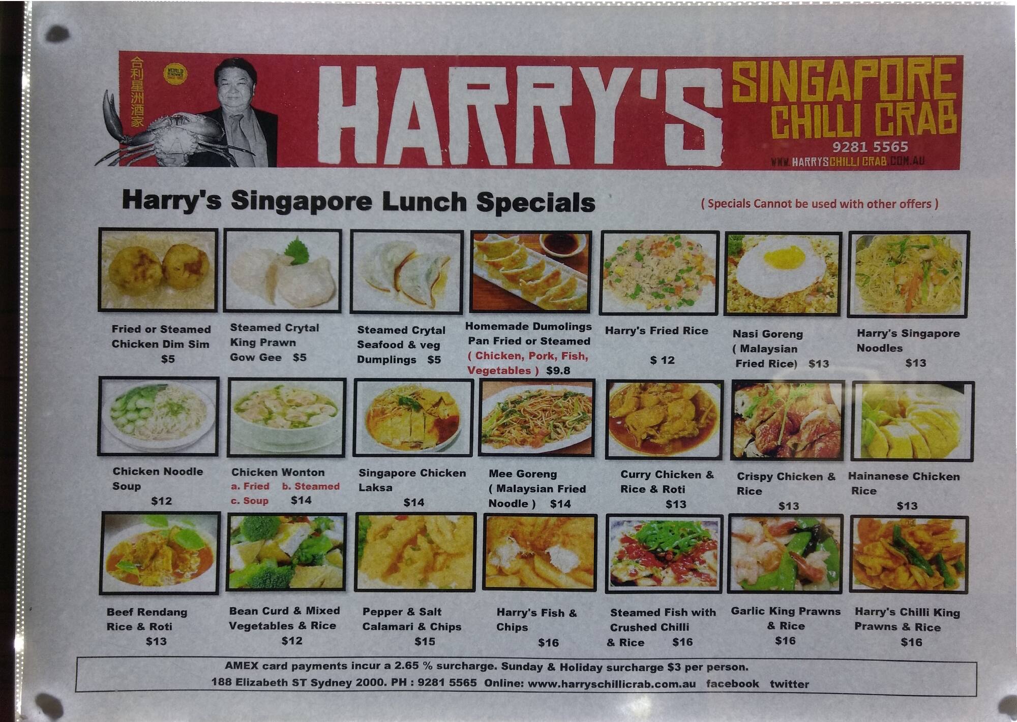 Menu at Harry's Singapore Chilli Crab pub & bar, Sydney