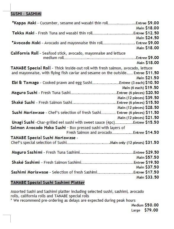 Menu at Tanabe Japanese Restaurant, Mordialloc