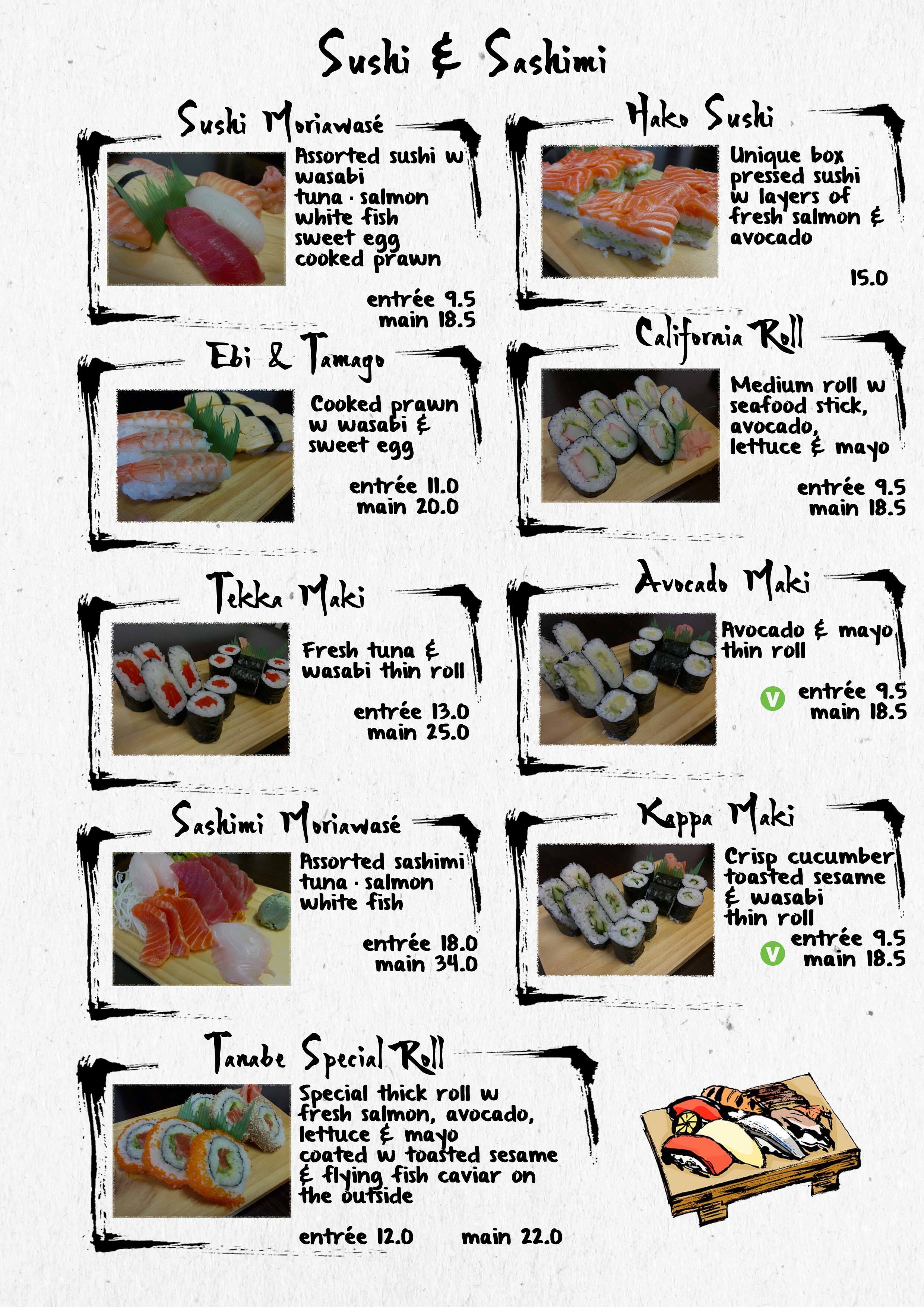 Menu at Tanabe Japanese Restaurant, Mordialloc