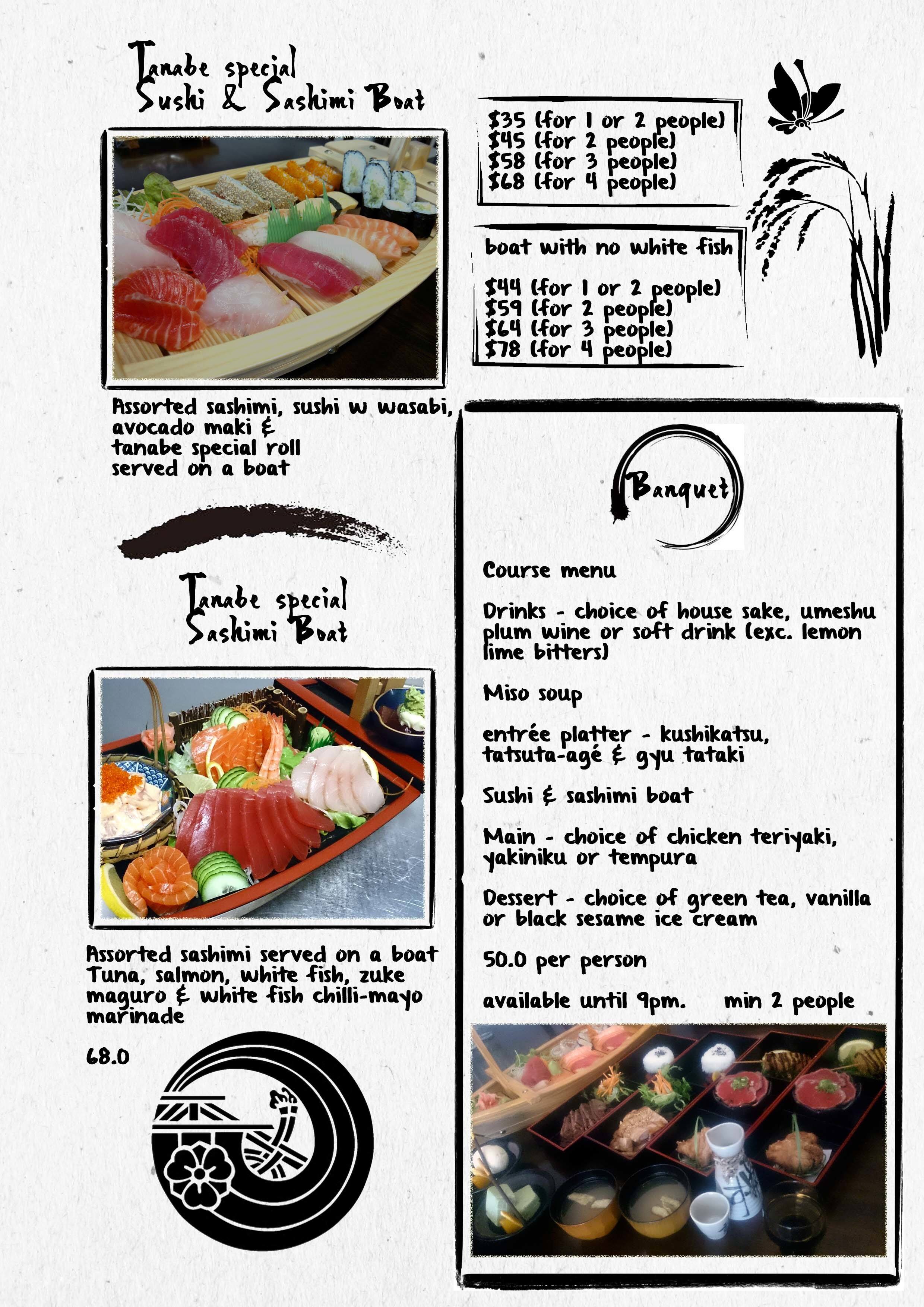 Menu at Tanabe Japanese Restaurant, Mordialloc