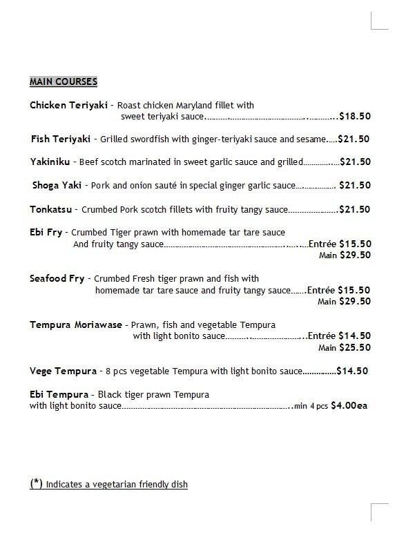 Menu at Tanabe Japanese Restaurant, Mordialloc