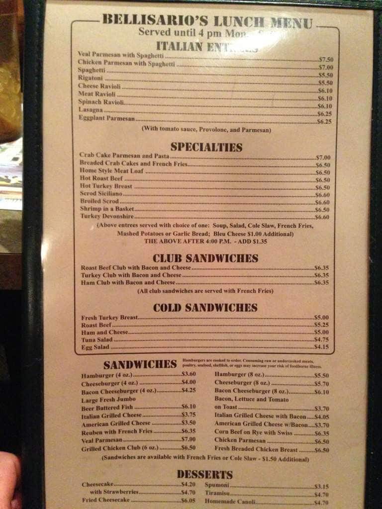 Menu at Bellisario's pizzeria, McCandless