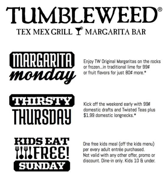 Menu at Tumbleweed Tex Mex Grill & Margarita Bar, Henderson