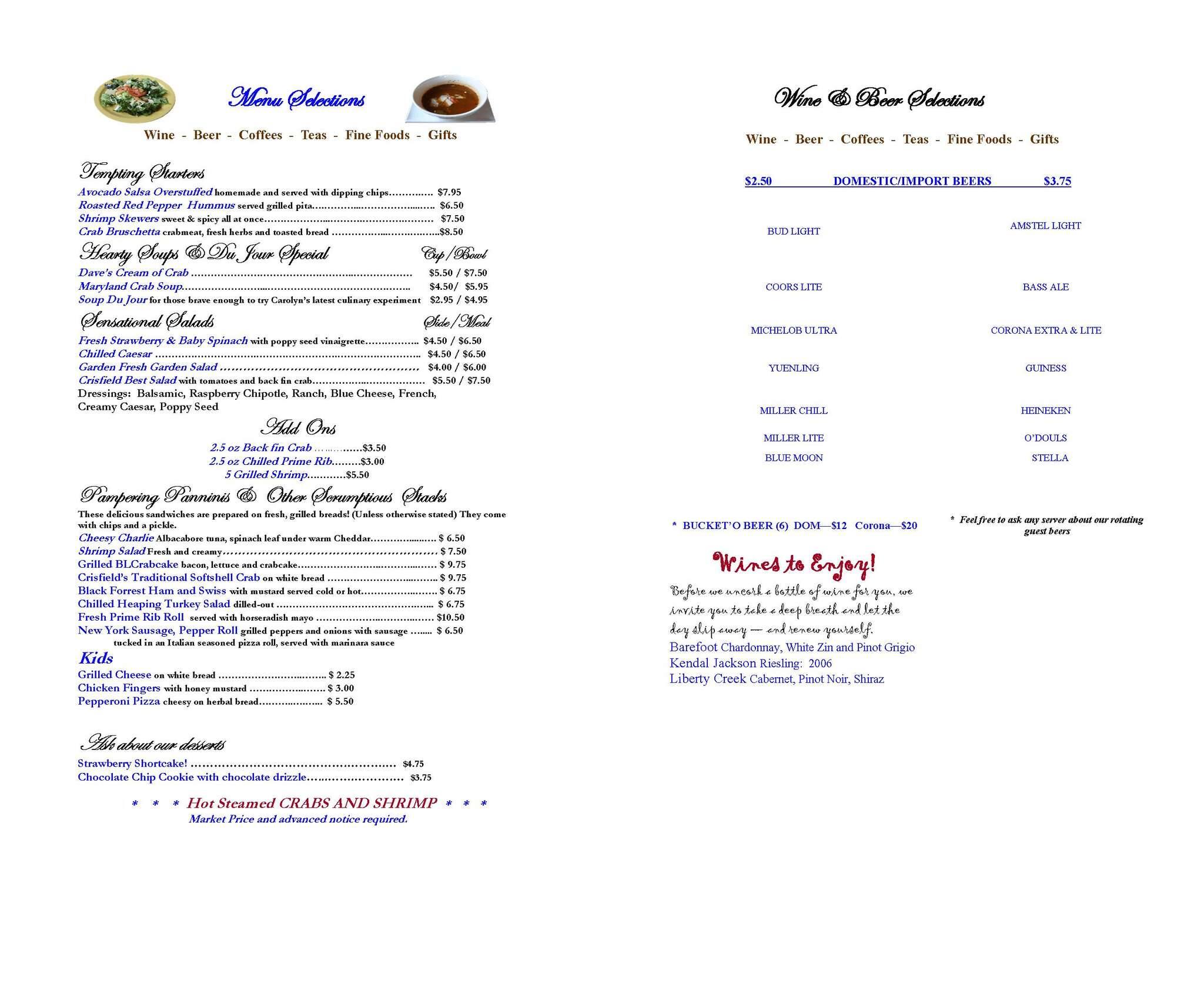 Menu at Blue Crab Garden Cafe, Crisfield