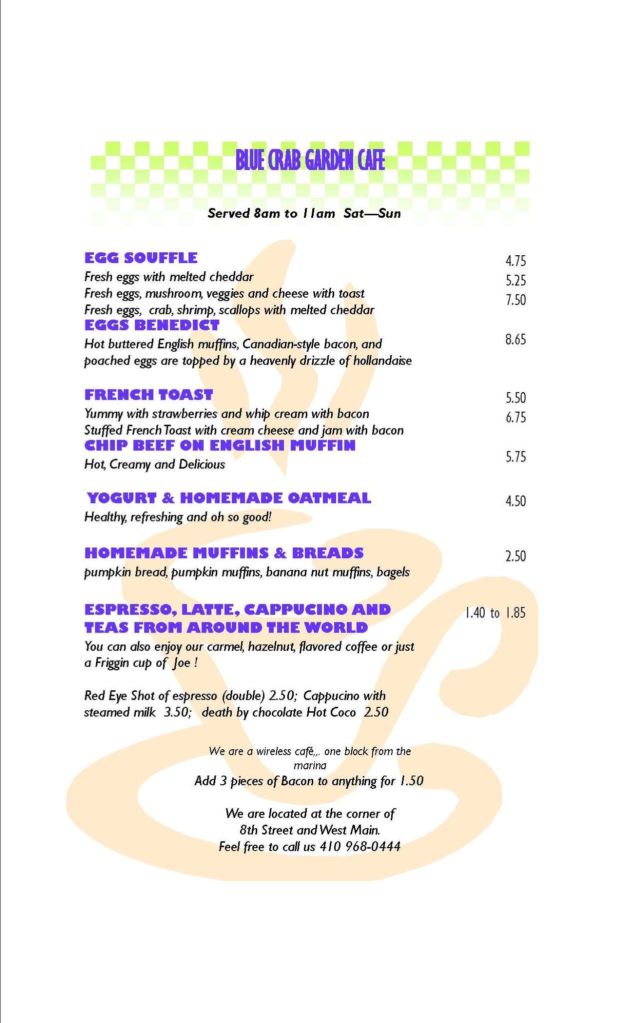 Menu at Blue Crab Garden Cafe, Crisfield