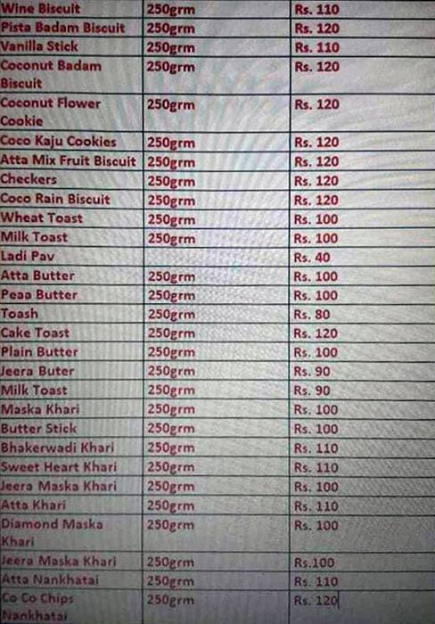 Menu of Vijay Bakery, Mulund West, Mumbai