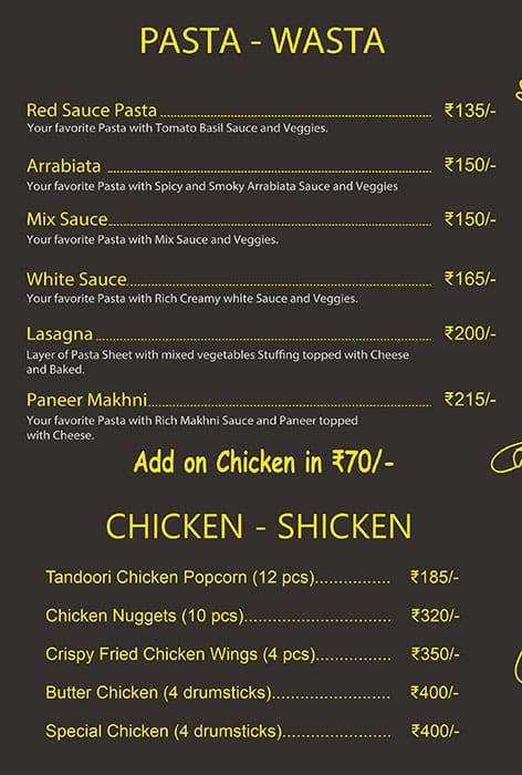 Menu at Hunger Shunger, Delhi