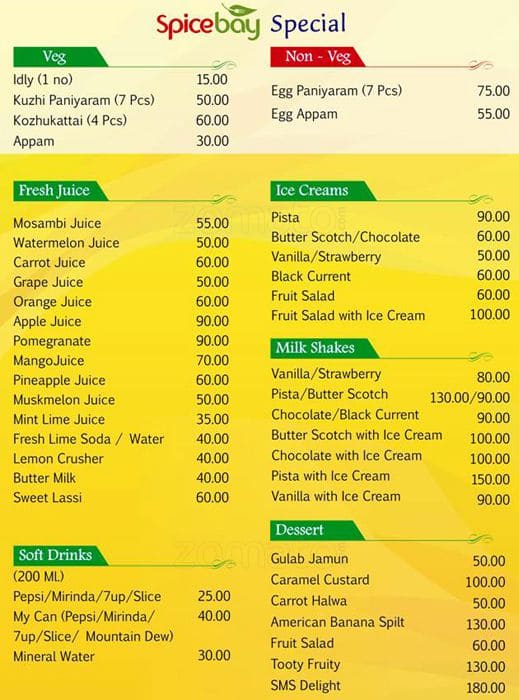 Menu at Spice Bay, Coimbatore