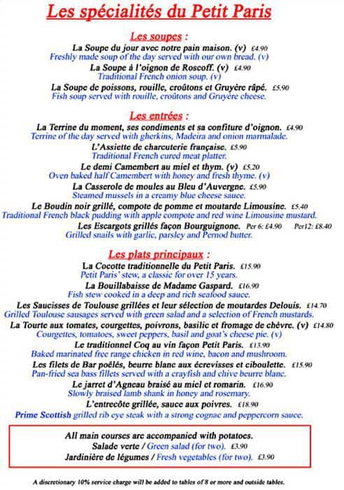 Menu at Petit Paris restaurant, Edinburgh, 38-40 Grassmarket
