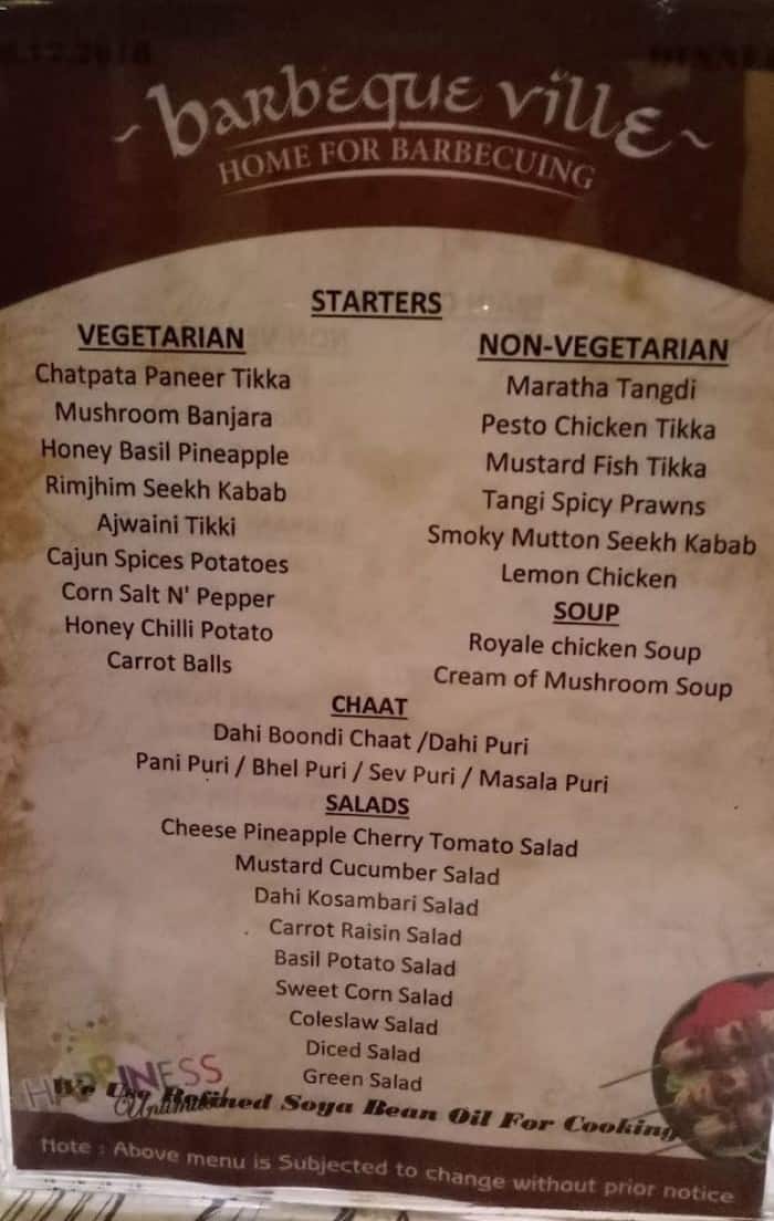 Menu of Barbeque Ville, Cidco, Nashik