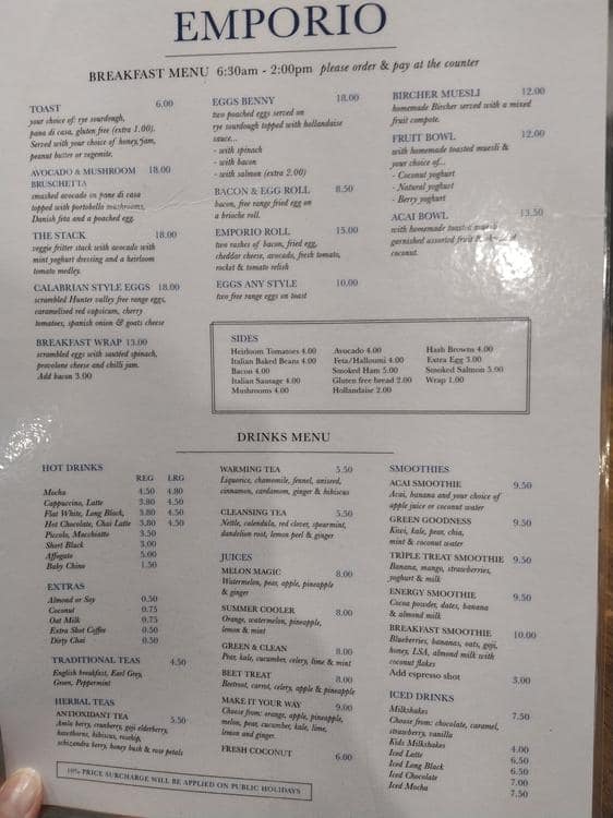 Menu at North Steyne Emporio restaurant, Manly