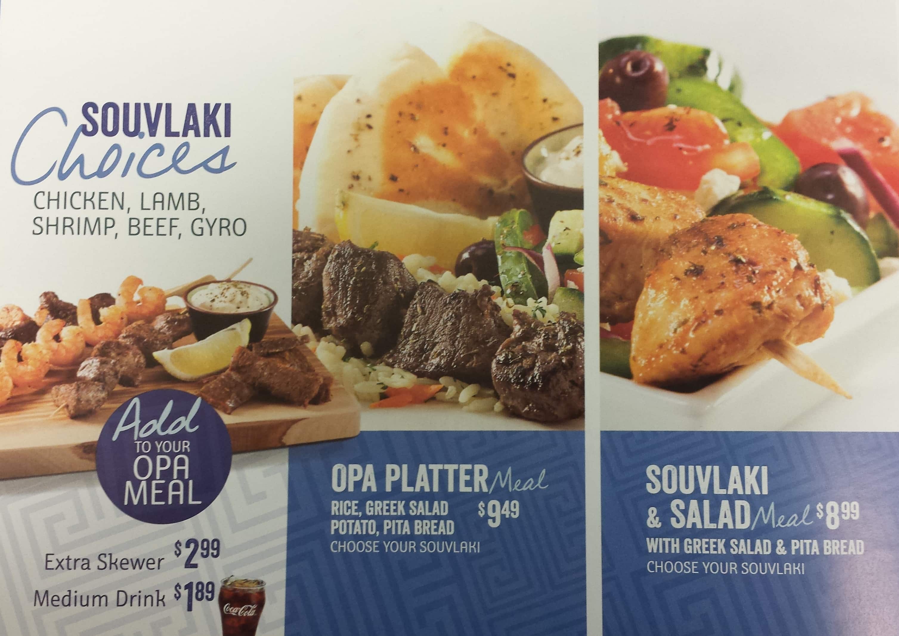 Menu at Opa Of The Greece restaurant, Calgary