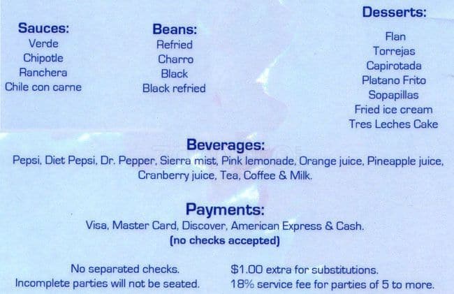Menu at Azul Tequila restaurant, Austin, S Lamar Blvd a2