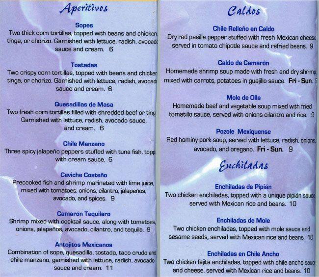 Menu at Azul Tequila restaurant, Austin, S Lamar Blvd a2