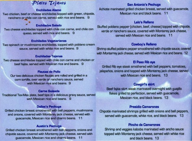 Menu at Azul Tequila restaurant, Austin, S Lamar Blvd a2