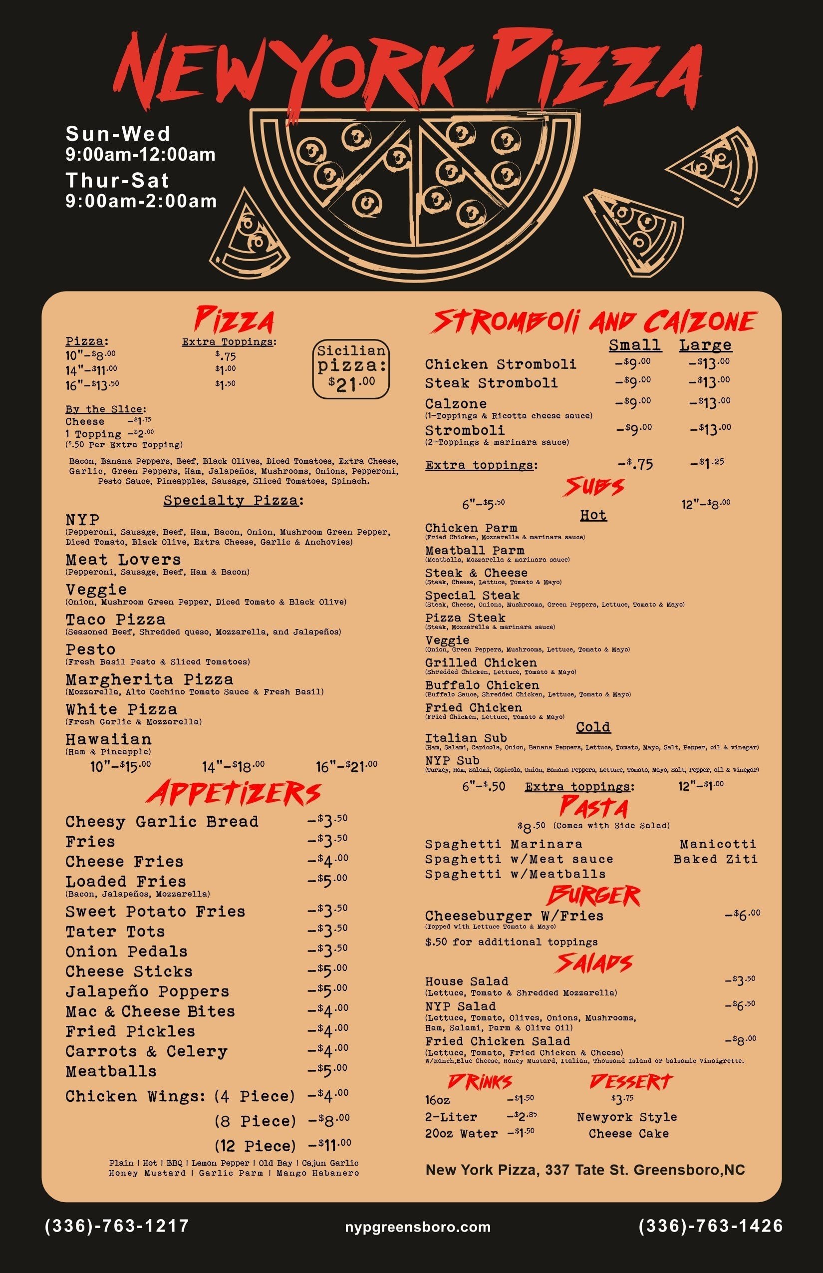 Menu at New York Pizza pizzeria, Greensboro