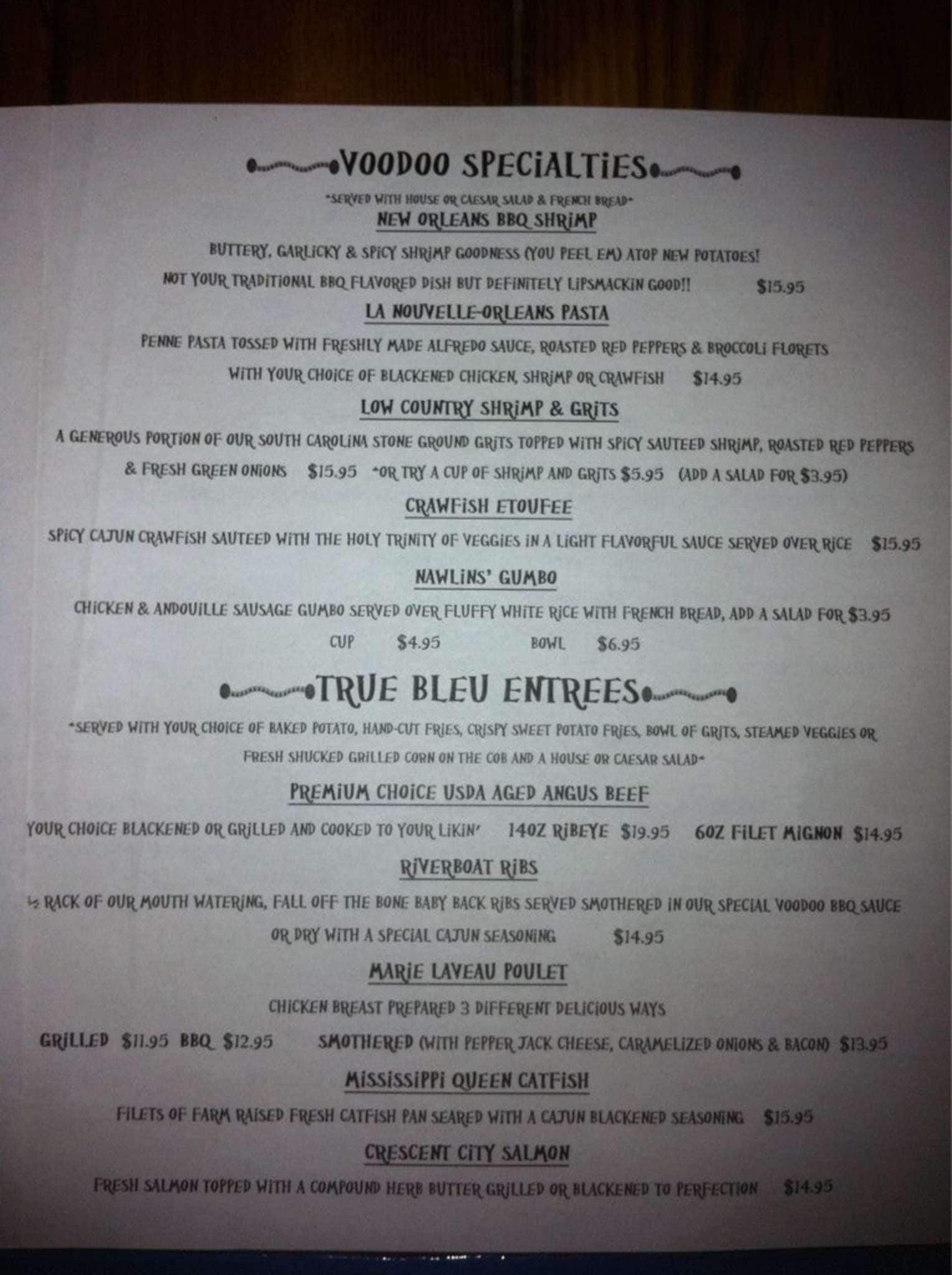 Menu at Bleu VooDoo Grill pub & bar, Easley