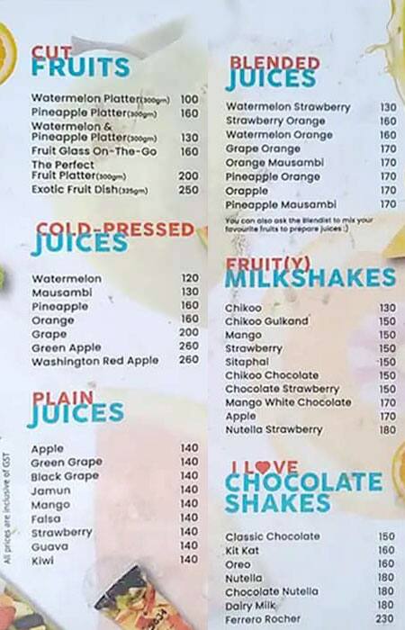 Menu of 9834 The Fruit Truck, Satellite, Ahmedabad