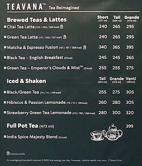 Menu at Starbucks, Chandigarh, VR Punjab Mall