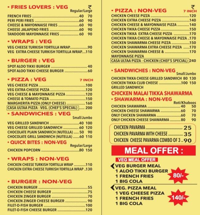 Menu of The Burger Casa, Mohammad Ali Road, Mumbai