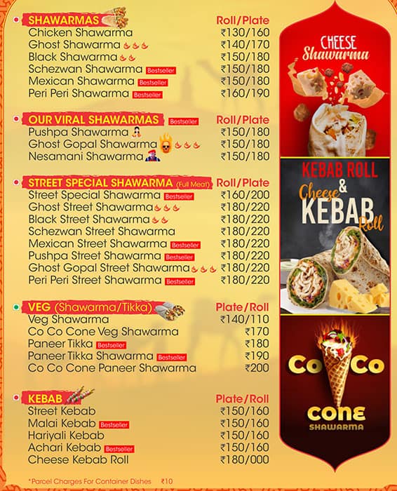 Menu at Street Arabiya, Chennai