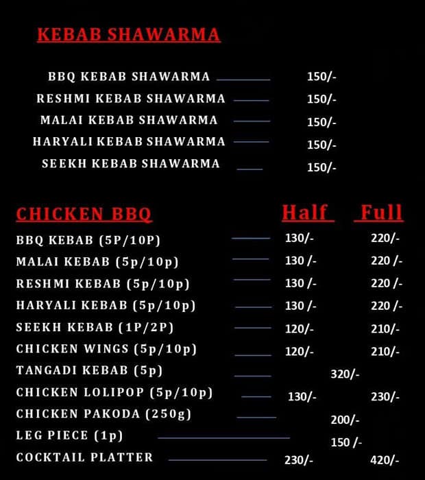Menu of Mr Kebab, Yousufguda, Hyderabad