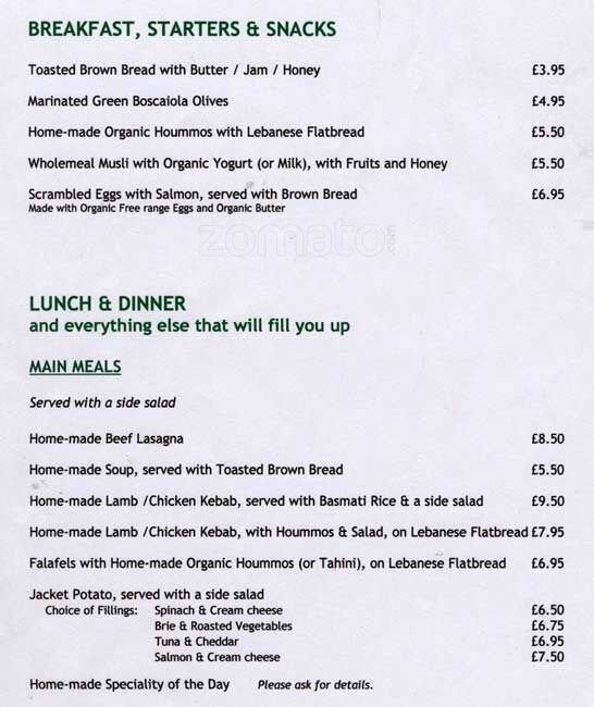 Carta de Abacus Wholefood Cafe, Londres