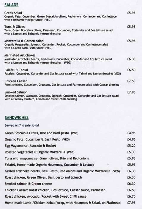 Carta de Abacus Wholefood Cafe, Londres