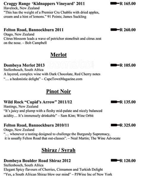 Menu at Long Table restaurant, Stellenbosch