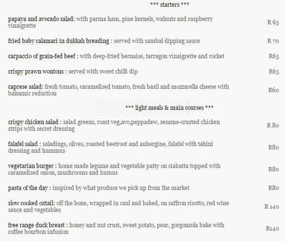 Menu at Long Table restaurant, Stellenbosch