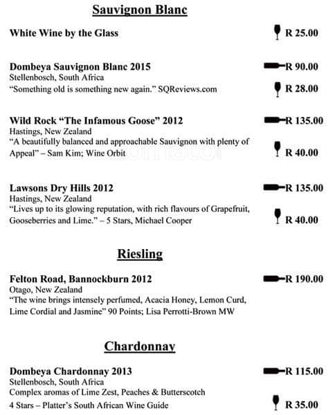 Menu at Long Table restaurant, Stellenbosch